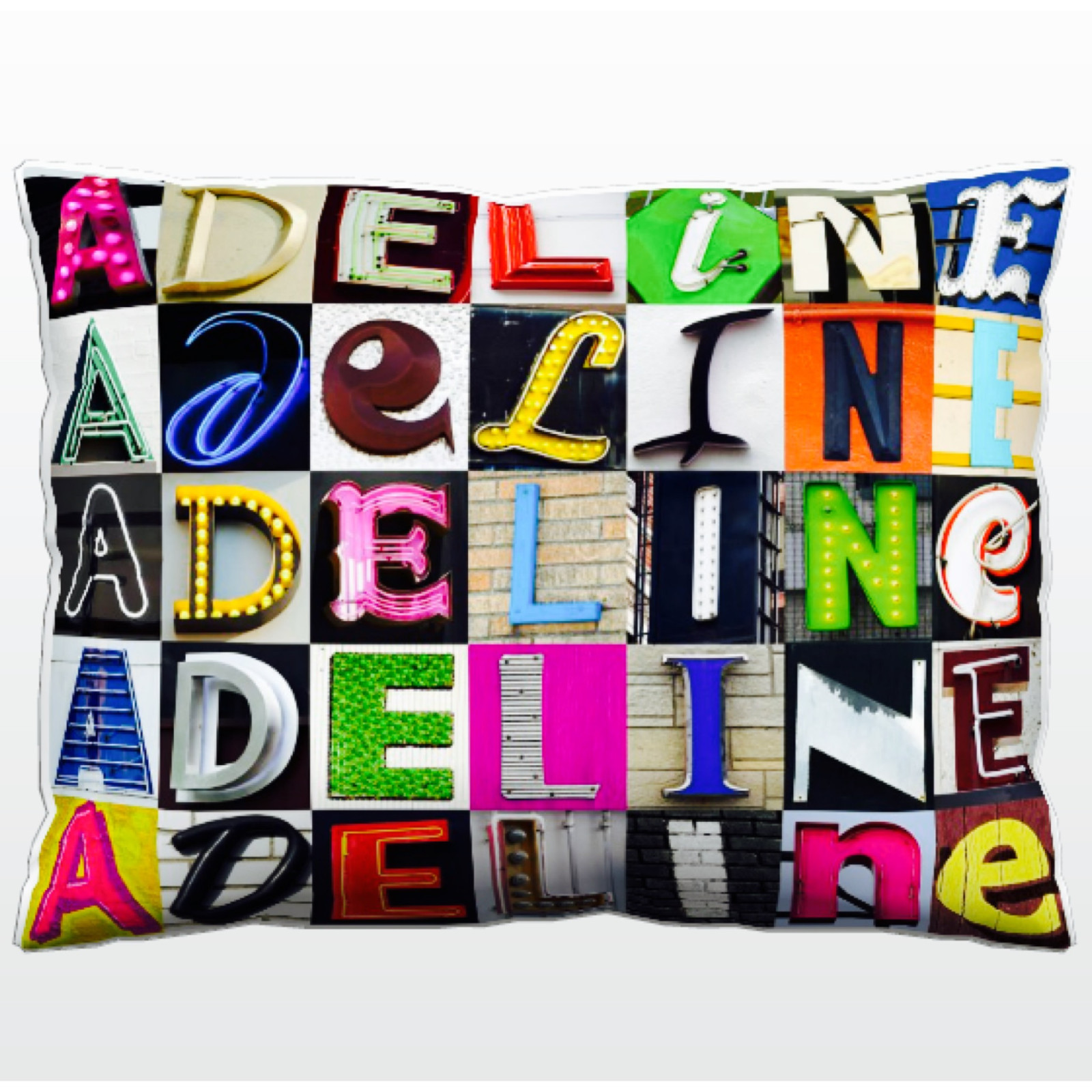 Personalized Pillow featuring the name ADELINE in photos of sign ...