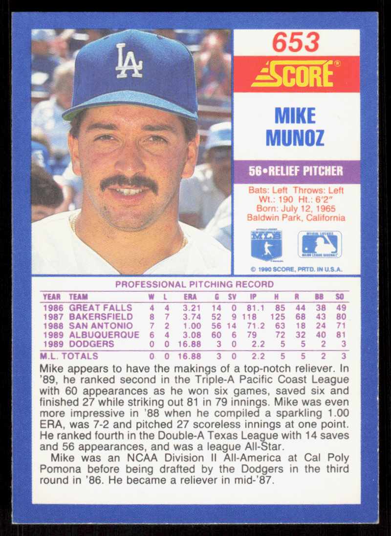 1990 Score 653 Mike Munoz Los Angeles Dodgers | eBay