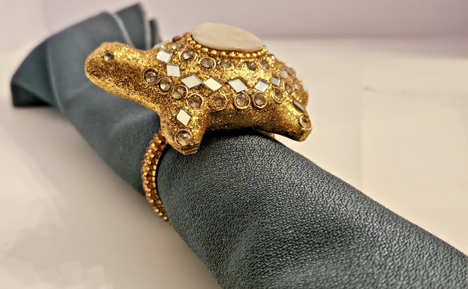 Gold Metallic Turtle Shaped Ornate Bling Napkin Rings Rhinestones Set ...