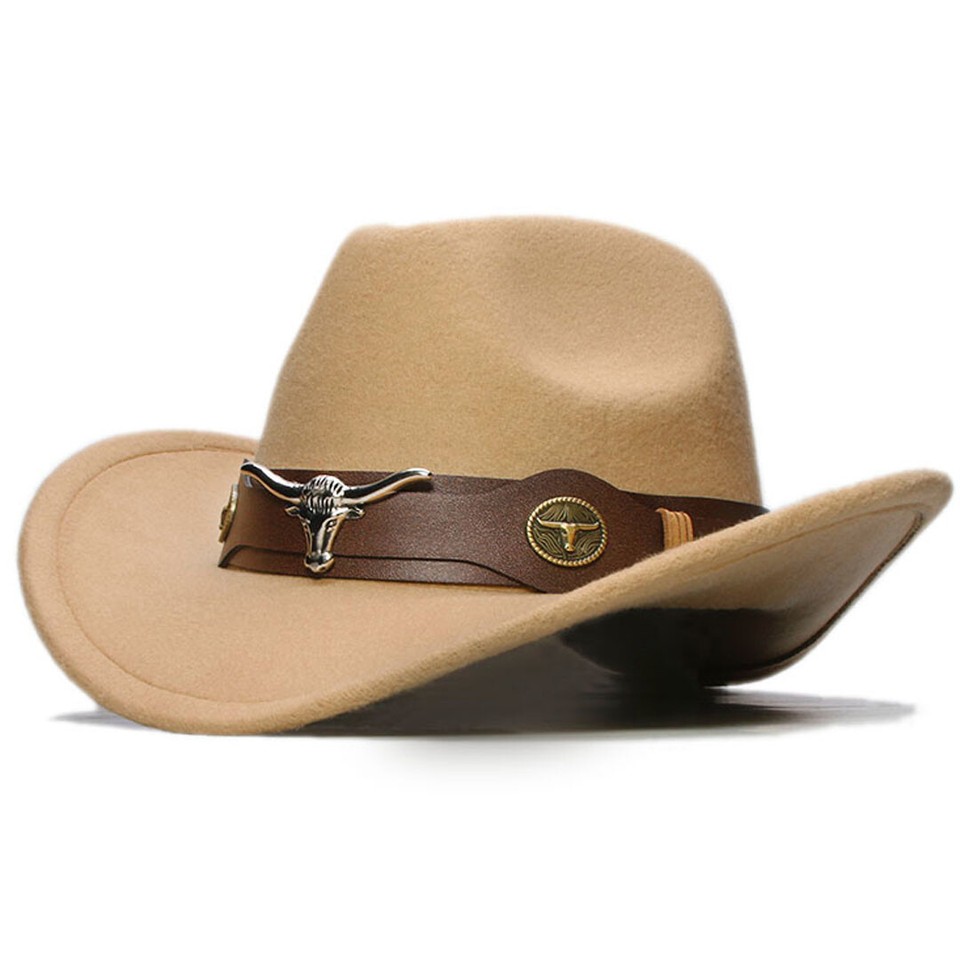Western Cowboy Hat Cowgirl Cap Wide Brim with Bull Skull Belt for Women ...