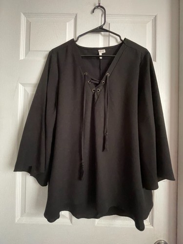 CATO top shirt blouse XL 16 Bust 46 Length 27 Black Lace Up Tie Neck | eBay