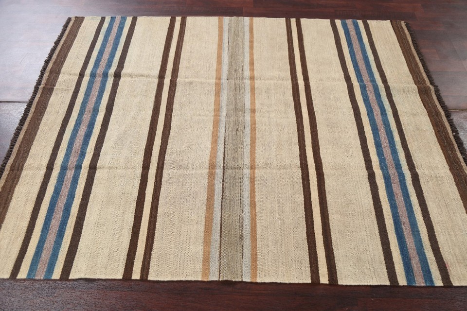 Natural Dye Earth-Tone Kilim Area Rug 5x6 Ft Hand Woven Wool Carpet ...