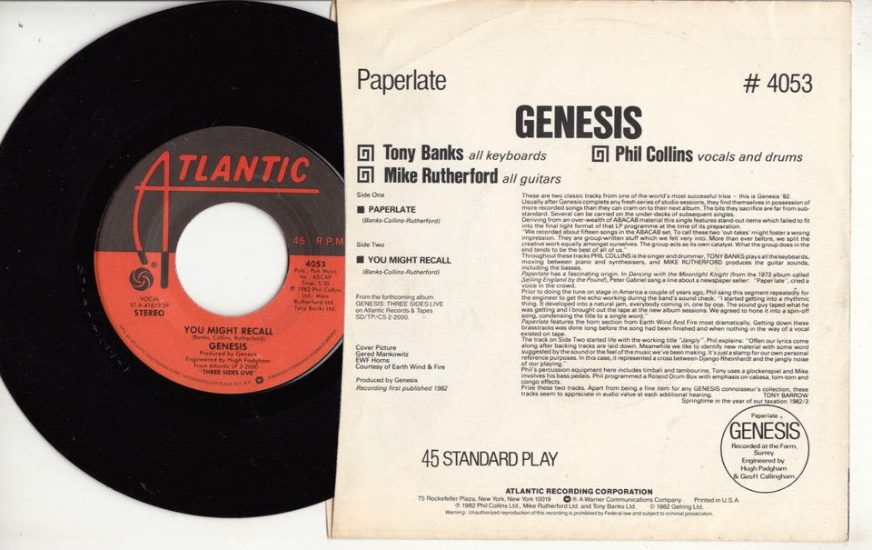 GENESIS - PAPERLATE - ORIGINAL ATLANTIC RECORDS 45 WPS | eBay