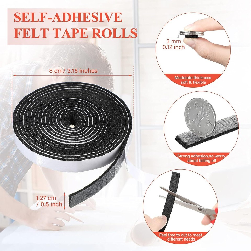 4 Rolls 1/2 x 120 Inch Self-Stick Heavy Duty Felt Strips Self Adhesive ...