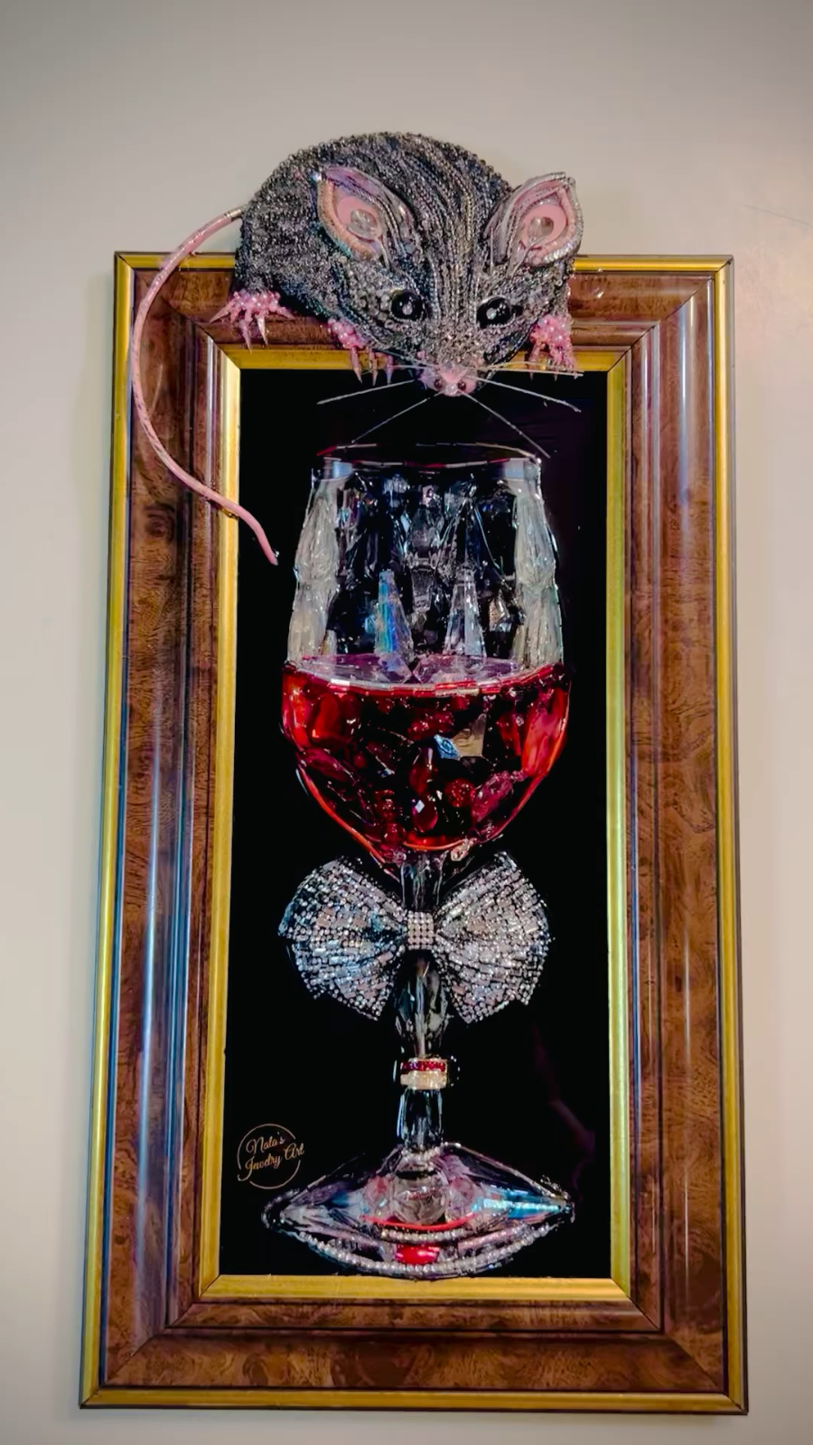 GLASS OF WINE & MICE, FRAMED JEWELRY ONE OF A KIND ART, UNIQUE GIFT ...