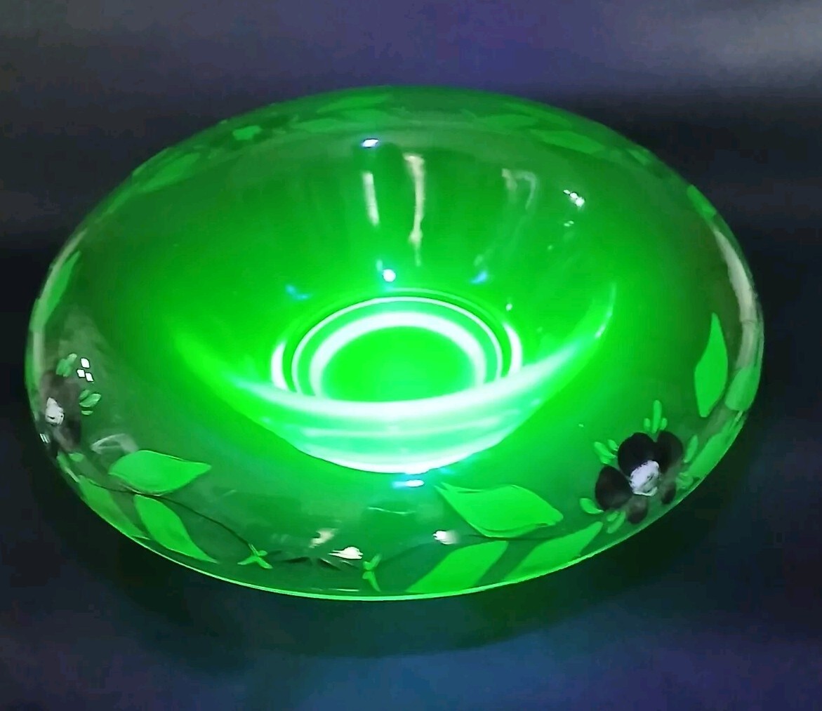 Vtg Vaseline Uranium Green Glass Console Bowl Hand Painted Violets ...