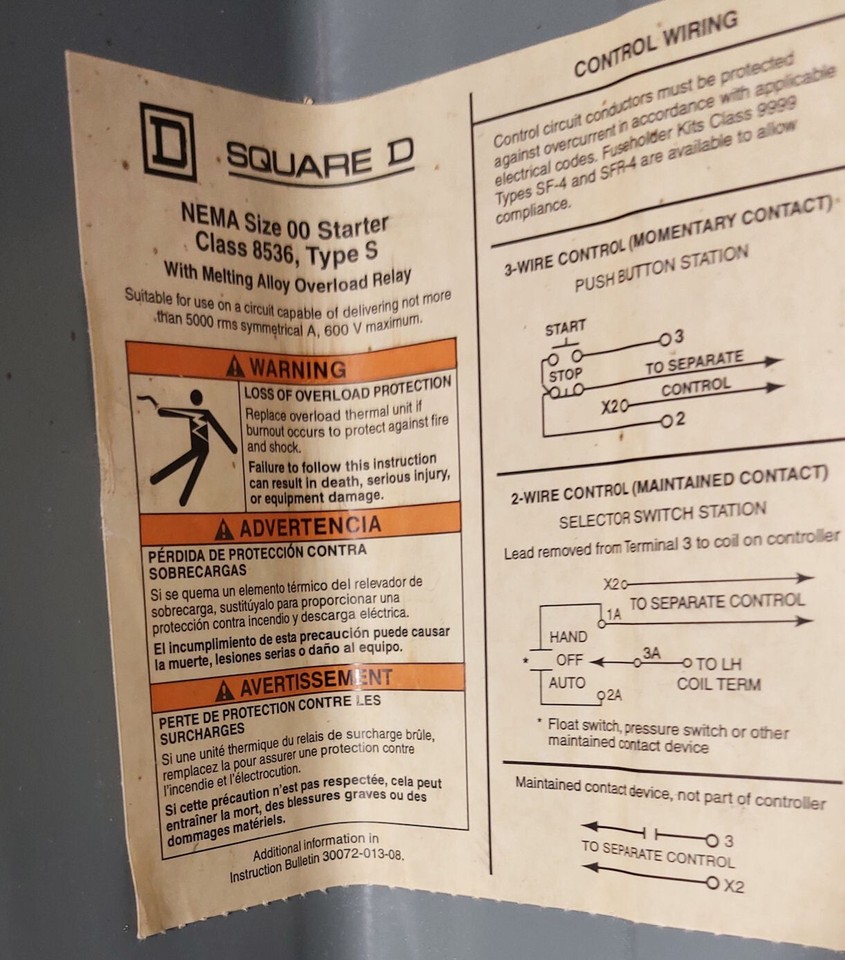 3-Phase Magnetic Starter + Reset Button Box = Square D NEMA Size 00 ...