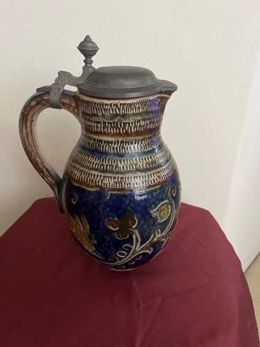 German Stoneware Vintage Stein/Pitcher/Jug Salt Glazed Pewter Lid Rare ...