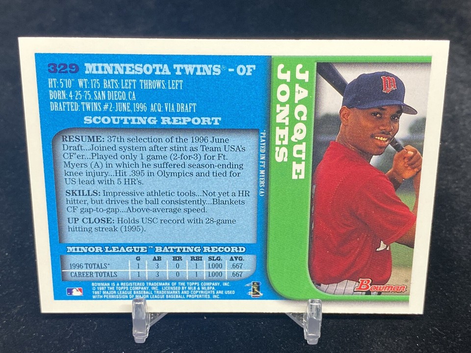 JACQUE JONES 1997 BOWMAN #329 1ST PROSPECT BASE CARD / MINNESOTA TWINS ...