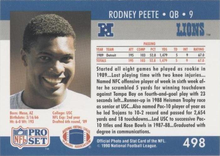 1990 Pro Set Rodney Peete #498 for sale | eBay