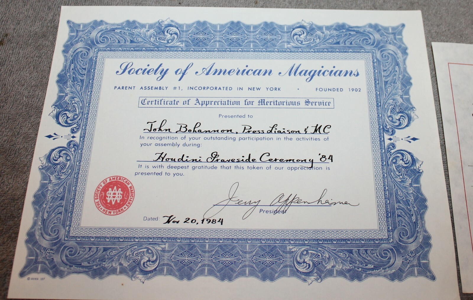 VINTAGE SOCIETY OF AMERICAN MAGICIANS CERTIFICATE FOR HOUDINI GRAVESITE ...