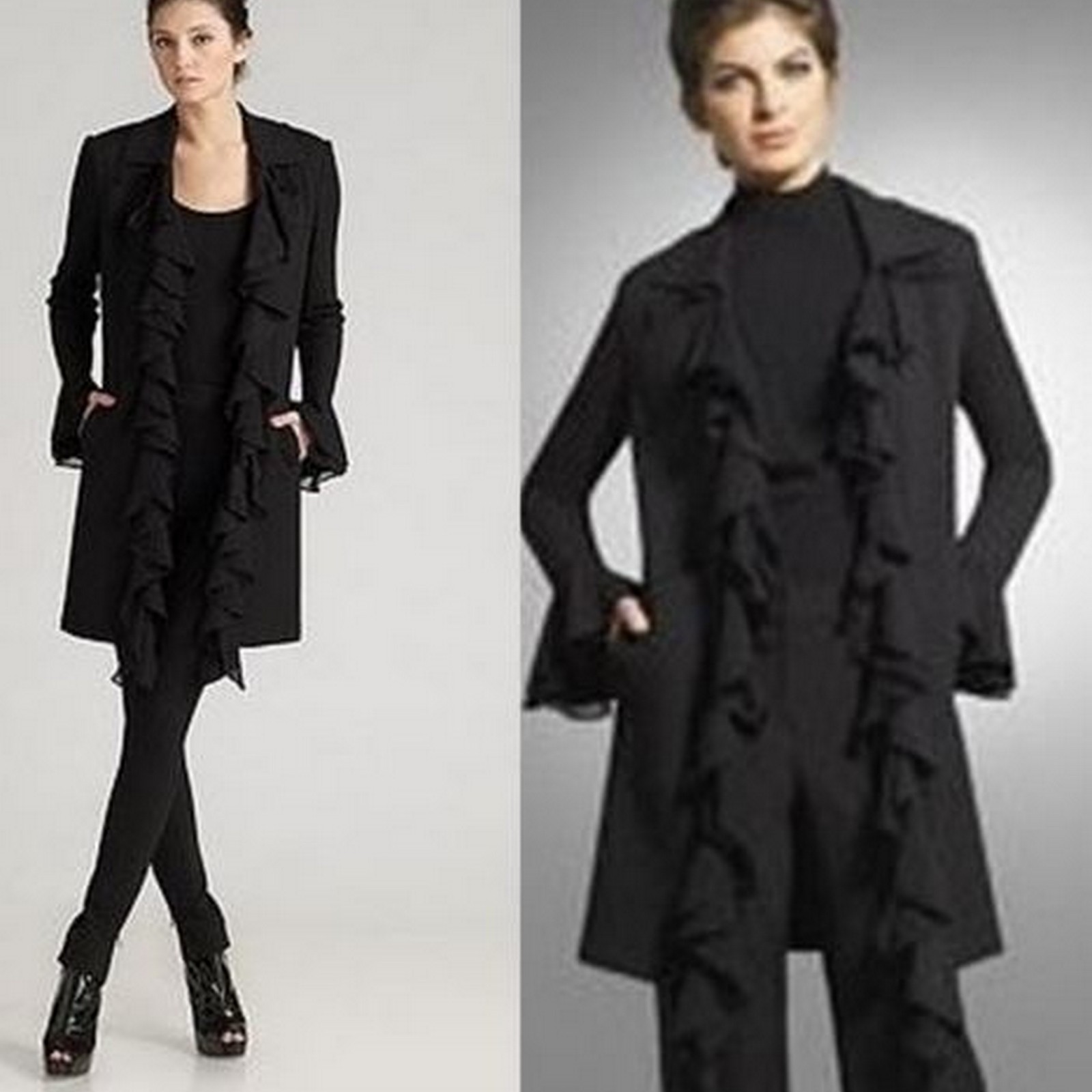 St. John Black Caviar Chevron Ruffle Long Jacket 10 | eBay