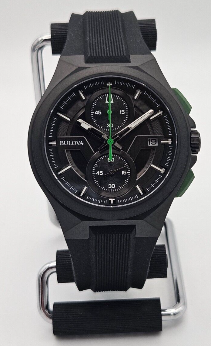 Bulova Maquina Chronograph Calendar Quartz Black Silicon Watch 46 MM ...