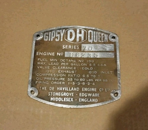 De Havilland Gipsy Queen mk70 Engine Data Plate. | eBay Australia