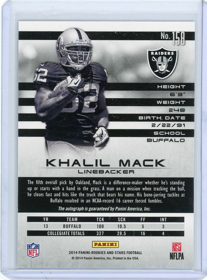 Khalil Mack 2014 RS Rookie Stars SP 10/32 Autograph Card RC Auto #158 ...