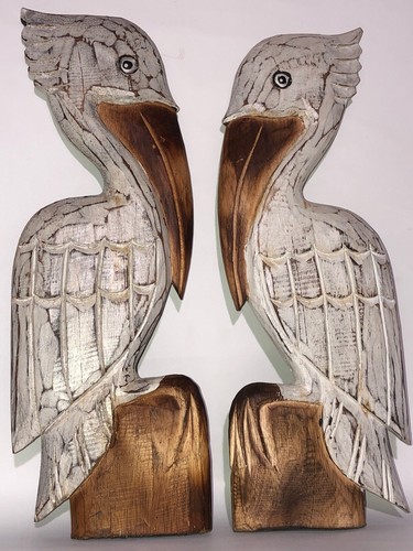20” PELICAN SET OF 2 HAND CARVED WOOD BIRDS WALL ART PATIO HOME ISLAND ...