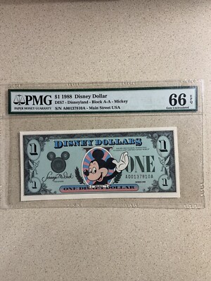 1988 $1 Disney Dollar Mickey PMG Disneyland Note Gem Uncirculated Block ...
