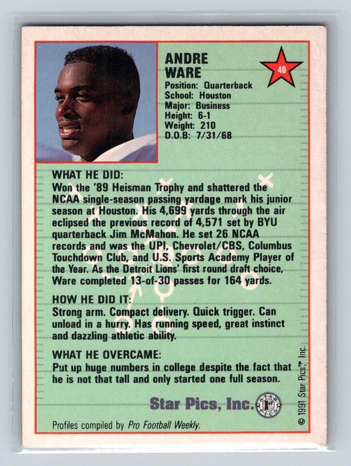1991 Star Pics Flashback Andre Ware #40 Houston Cougars | eBay