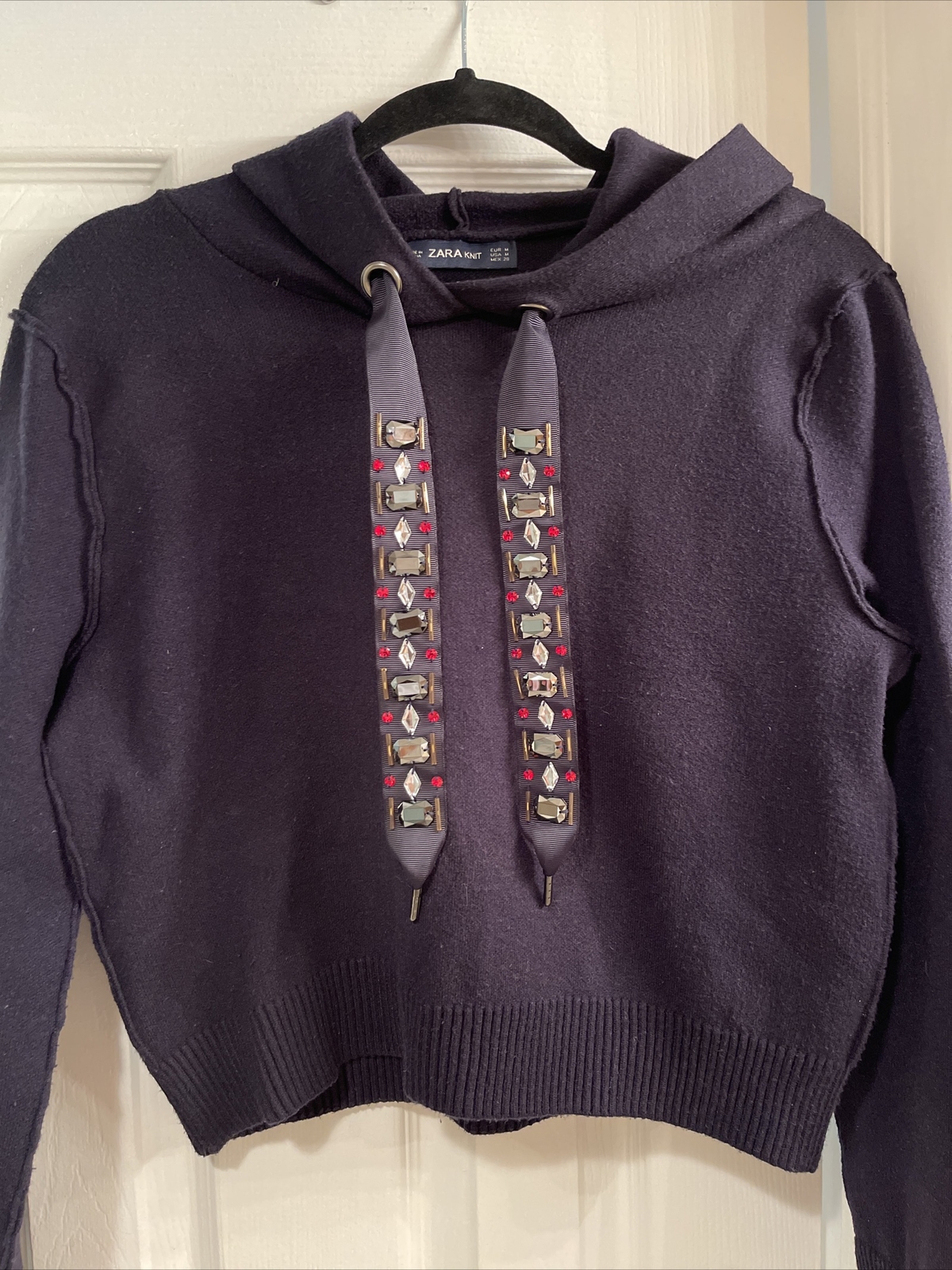 Zara Pullover Navy Sweater With Sequin Embellished Tie Strings Size ...