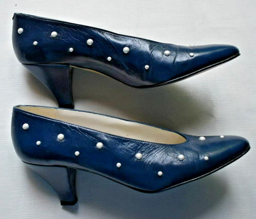Apart Women's High Heel Dress Pumps Blue with Pearls Size 7.5B LEATHER ...