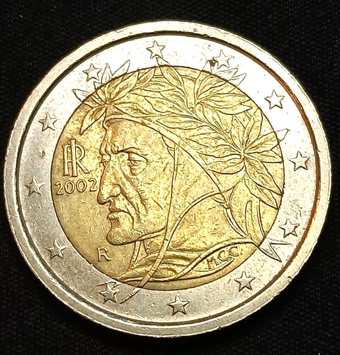 ITALY 2002 2 EUROS Bimetallic Coin Euro DANTE ALIGHIERI Luc Luycx ...