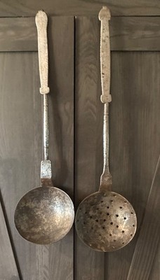 Antiq. Primitive Iron Ladle & Sieve Spoon Heavy Rat Tail C.1800s ...