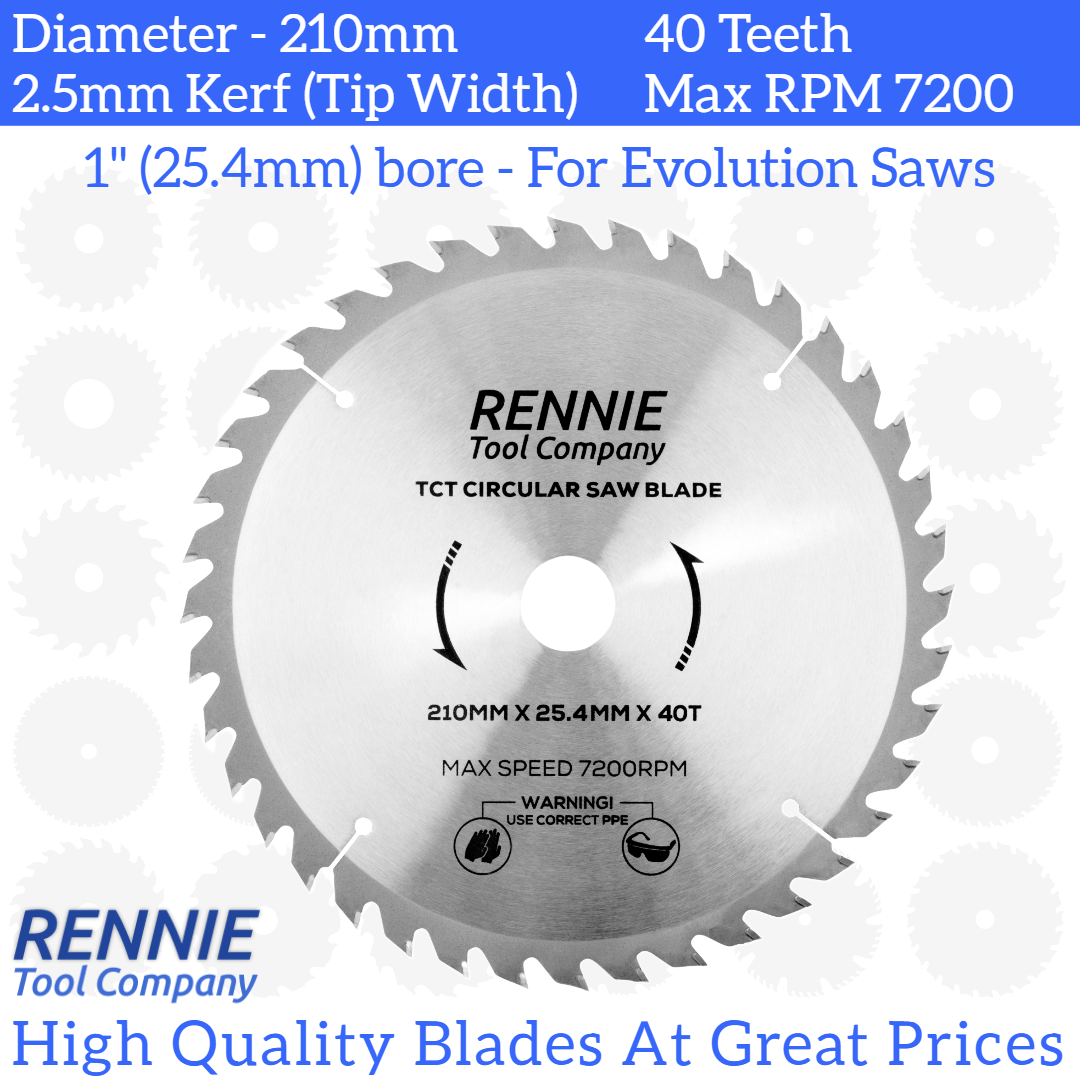 TCT Circular Wood Blade 210mm x 40T fits Evolution Rage Saws 25.4mm ...