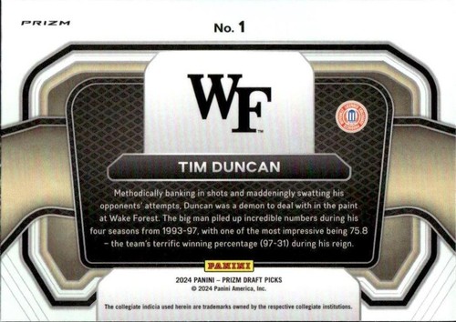 2024-25 Panini Prizm Campus Legends Silver Tim Duncan San Antonio Spurs ...