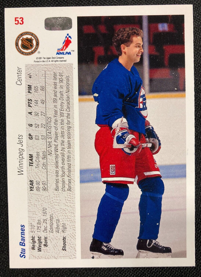 1991-92 UPPER DECK HOCKEY CARD STU BARNES #53 HAND SIGNED W/COA NRMT ...