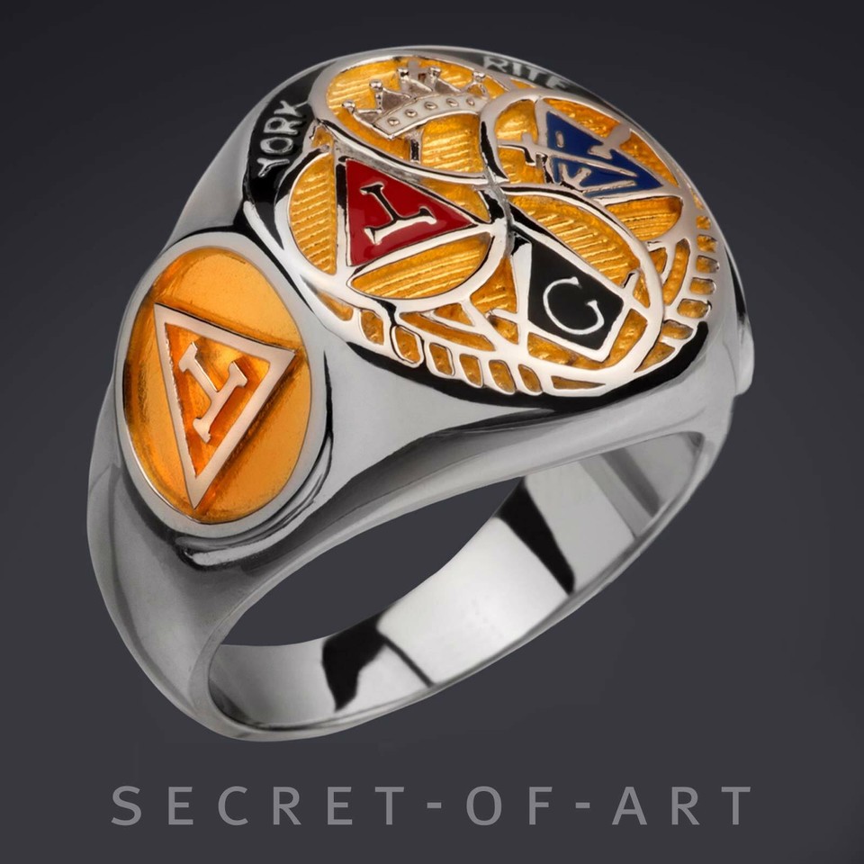 York Rite Ring Masonic Freemason Silver 925 Master Mason Templar 18K ...