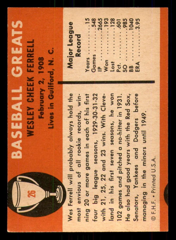 1961 Fleer #26 Wes Ferrell Near Mint+ ID:387032 | eBay