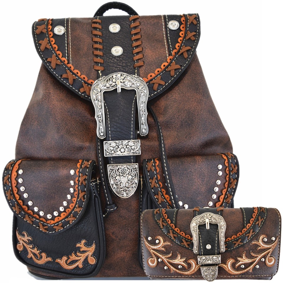 Western Style Tooled Buckle Women Backpack School Bag Daypack Biker ...