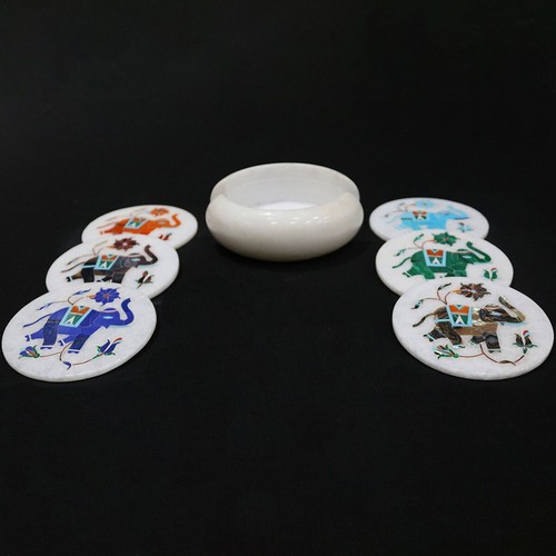 WHITE MARBLE INLAY COASTER SETS WITH ELEPHANT ART GIFT | eBay