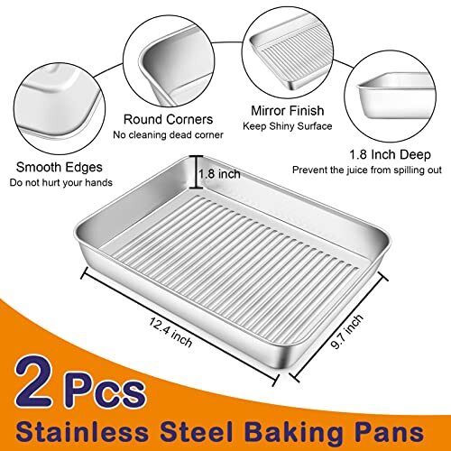 Set of 2 Deep Baking Pan , 12.4 Inch Stainless Steel Sheet Cake Lasagna ...