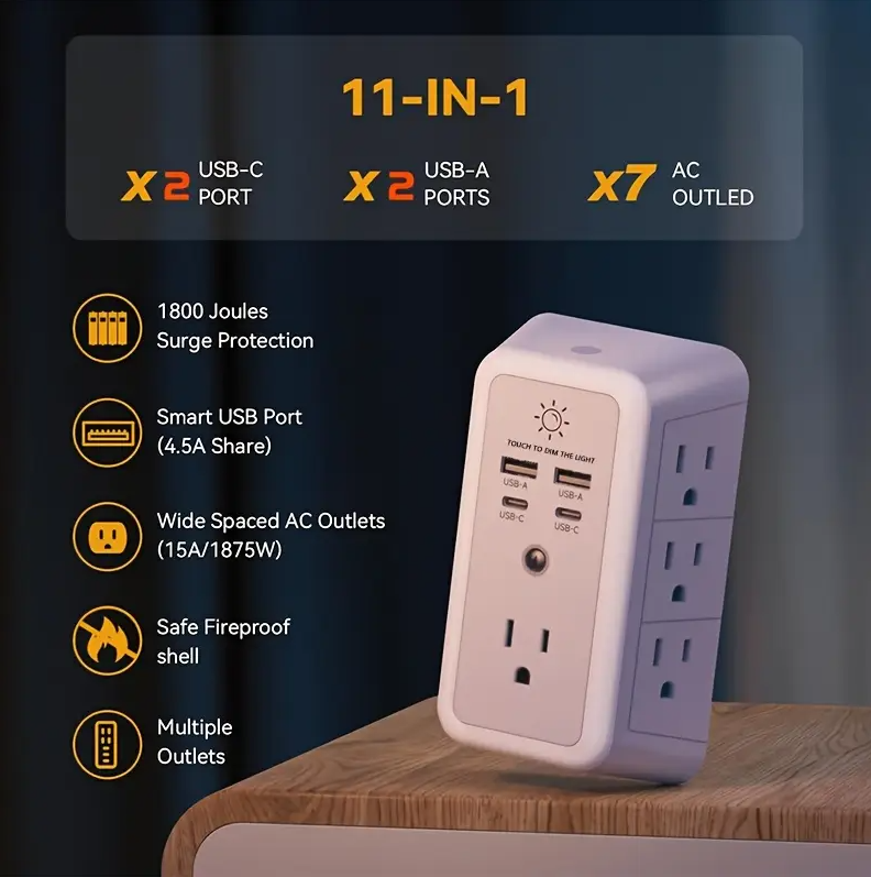 2 Pack Wall Outlet Surge Protector with 7 AC Outlets, 4 USB Ports ...