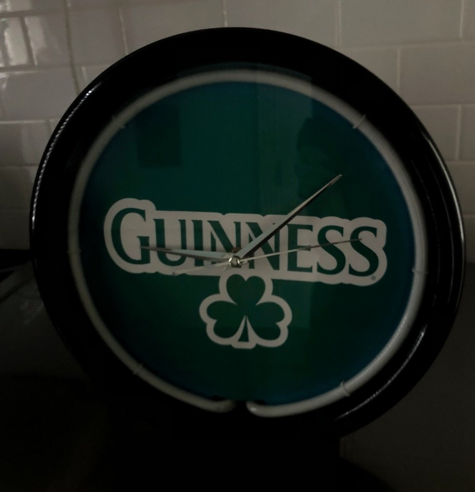Vintage Guinness Neon 12" Wall Clock White Neon Green clover,, tested ...