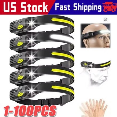 COB LED Headlamp USB Rechargeable Headlight Torch Work Light Bar Head ...