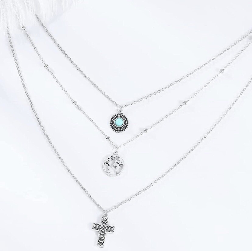 Jovono Boho Layered Turquoise Pendant Necklaces Silver Cross Map ...