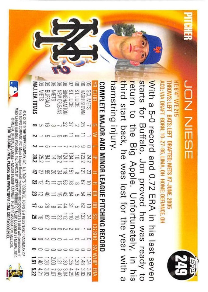 2010 Topps #249 Jon Niese NM-MT Mets | eBay