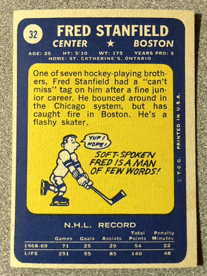 1969-70 Topps Hockey Fred Stanfield Card #32 Boston Bruins | eBay