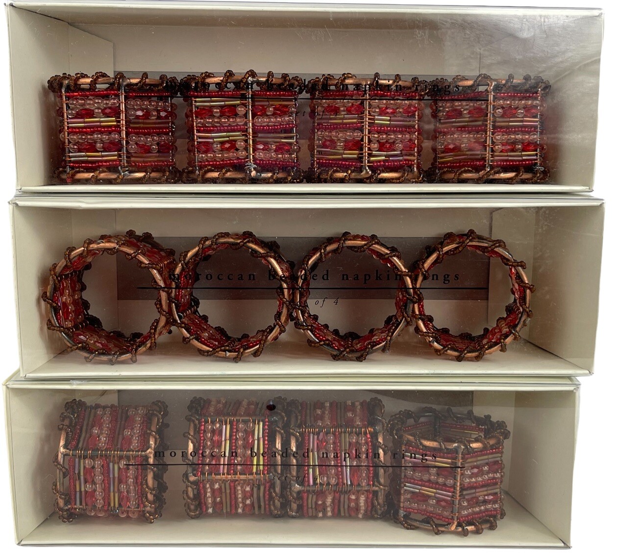 NIB Pier 1 Moroccan Napkin Rings Beaded Set 12 Bronze, Rose Gold Red ...