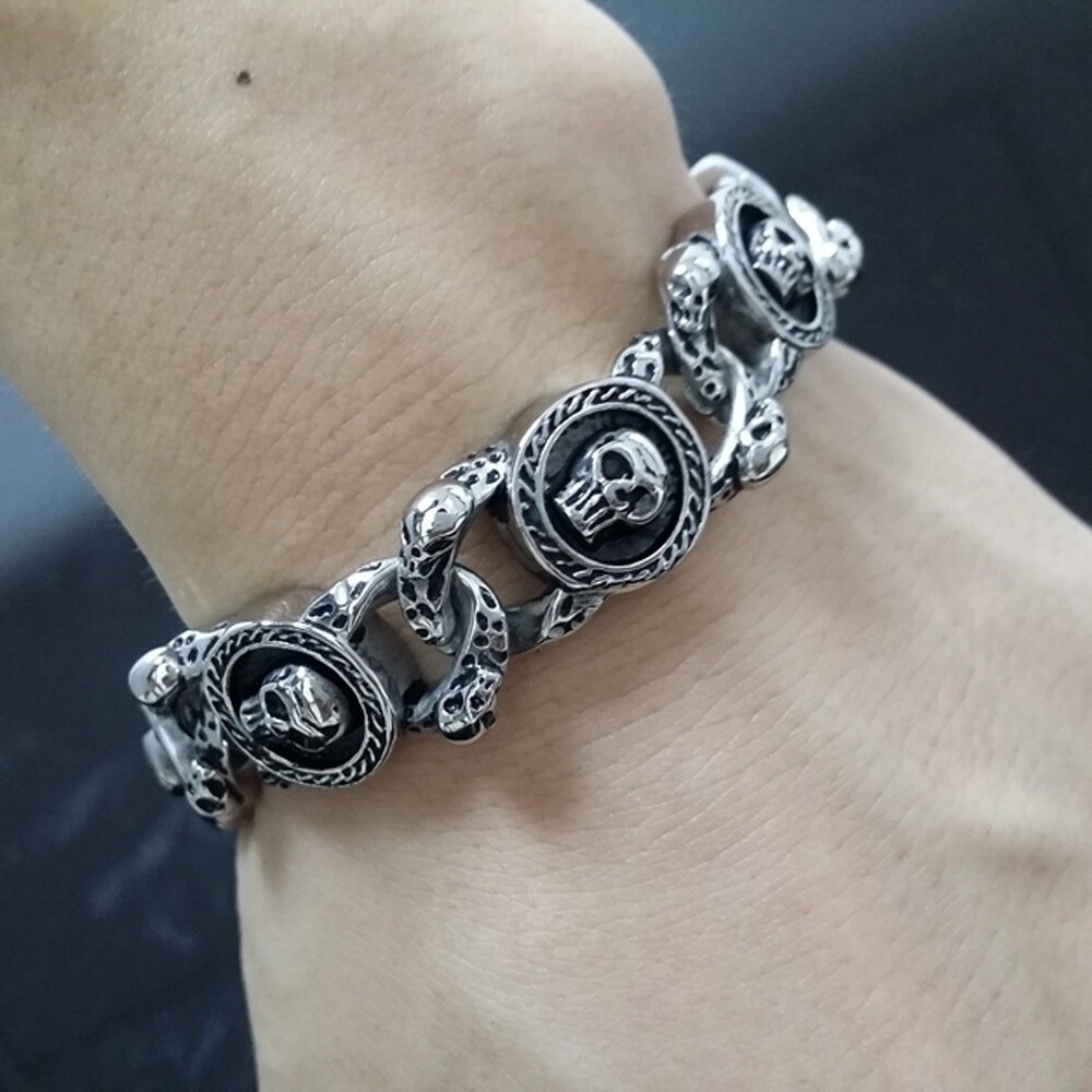 Stainless Steel Silver Black Skull Link Chain Gothic Men Bracelet 8.66 ...