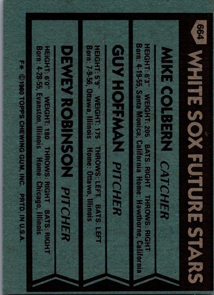 1980 Topps #664 Mike Colbern/Guy Hoffman RC/Dewey Robinson RC White Sox ...