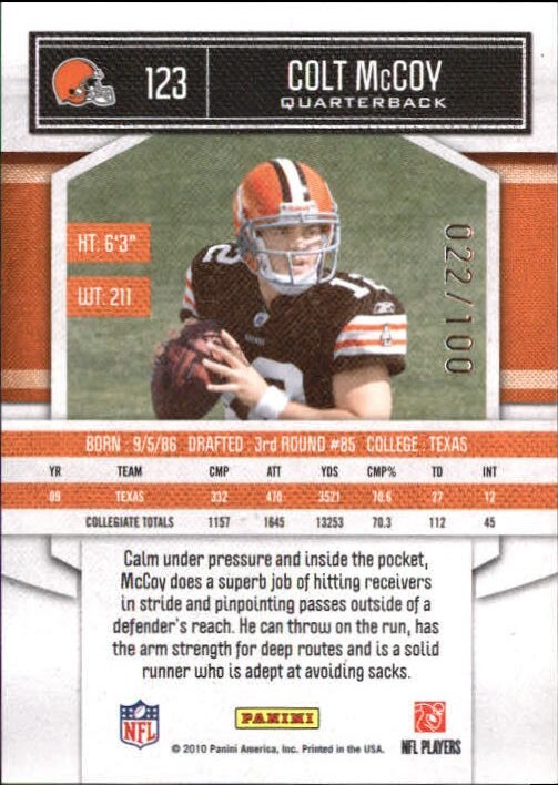 2010 Classics Timeless Tributes Silver Browns Football Card #123 Colt ...
