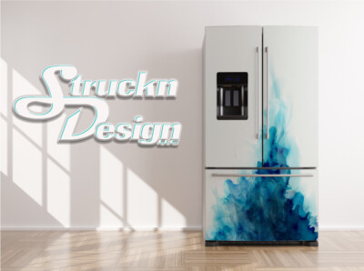 Blue Teal White Watercolor Design Fridge Freezer Wrap Side Door Vinyl ...