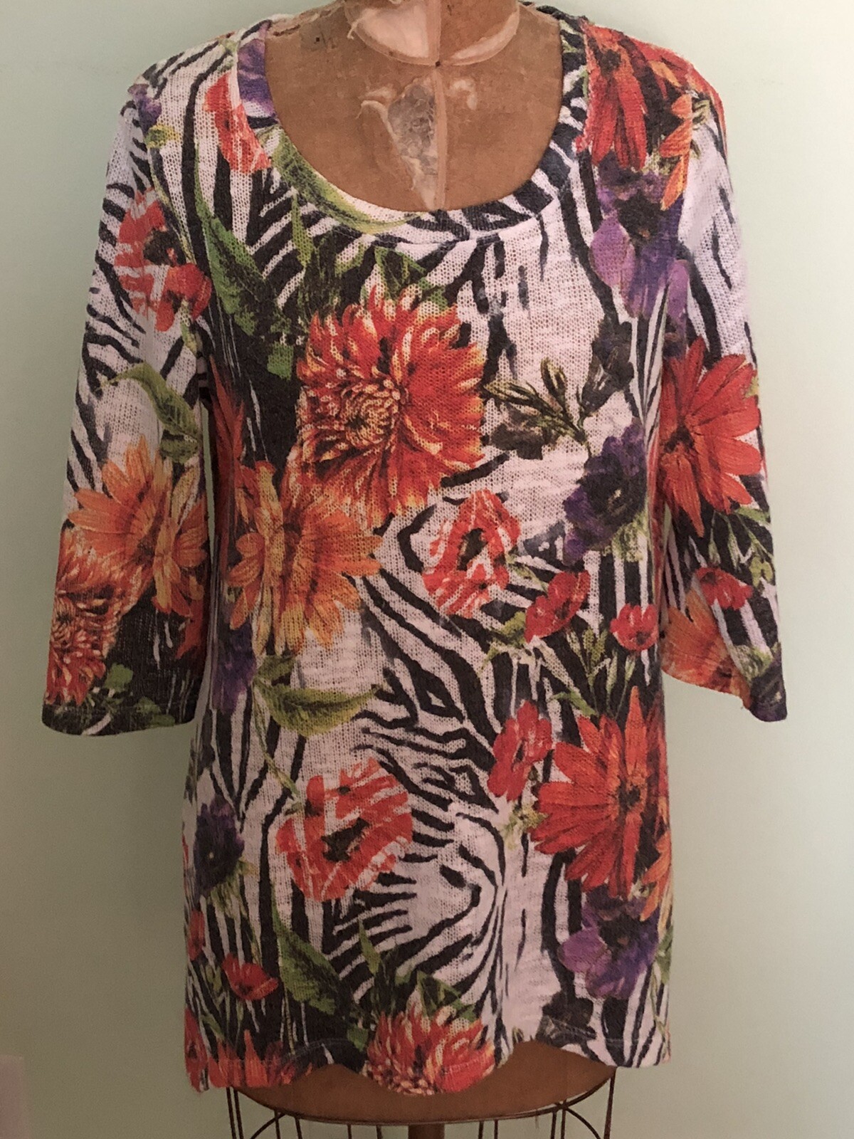 ONQUE CASUAL WOMENS KNIT TOP PULLOVER SWEATER FLORAL ZEBRA PRINT SIZE ...