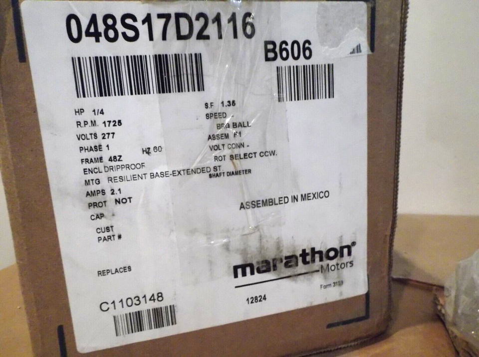 Marathon B606 Electric Motor 1/4 HP 1725 Rpm 1PH 277 Volt 48Z Frame ...