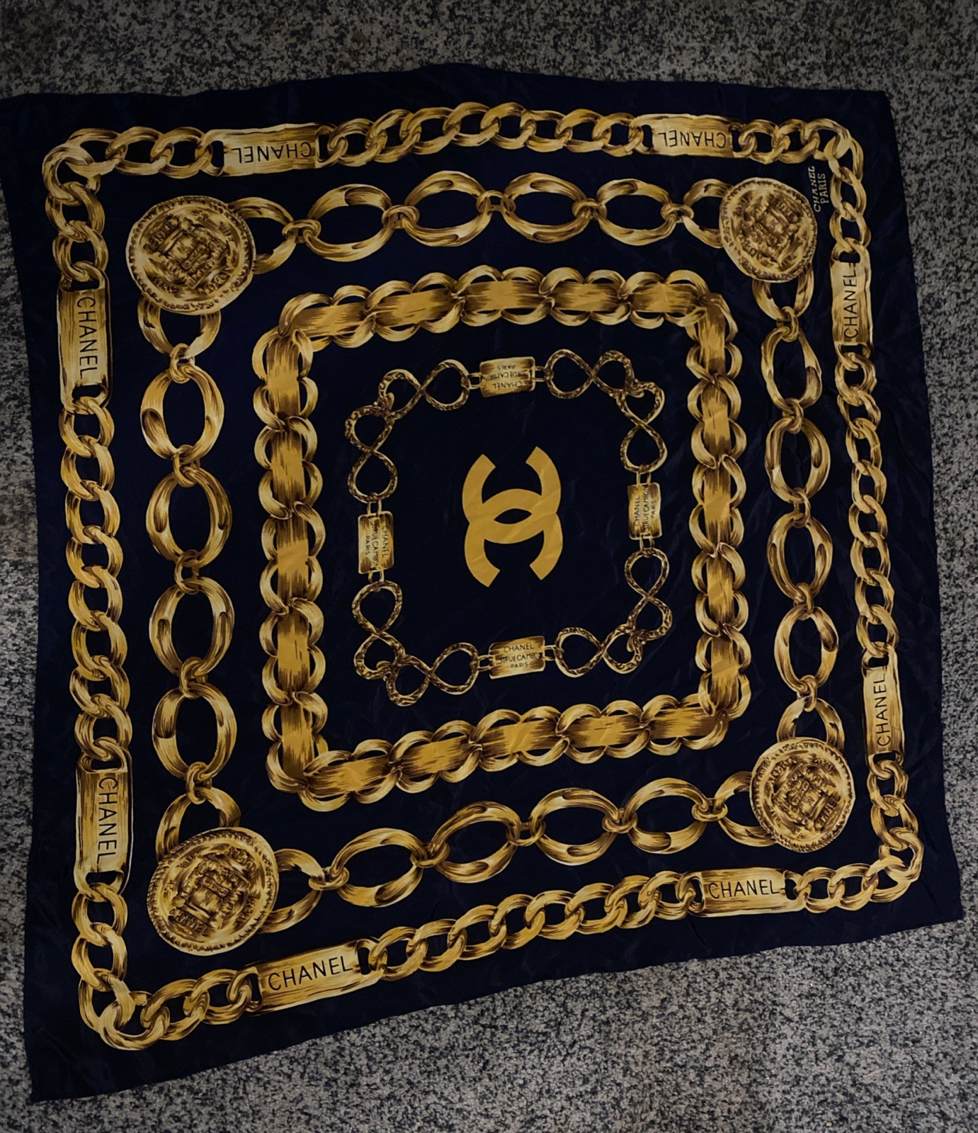 Vintage Chanel Scarf Silk Navy Gold Chain Print Silk … - Gem