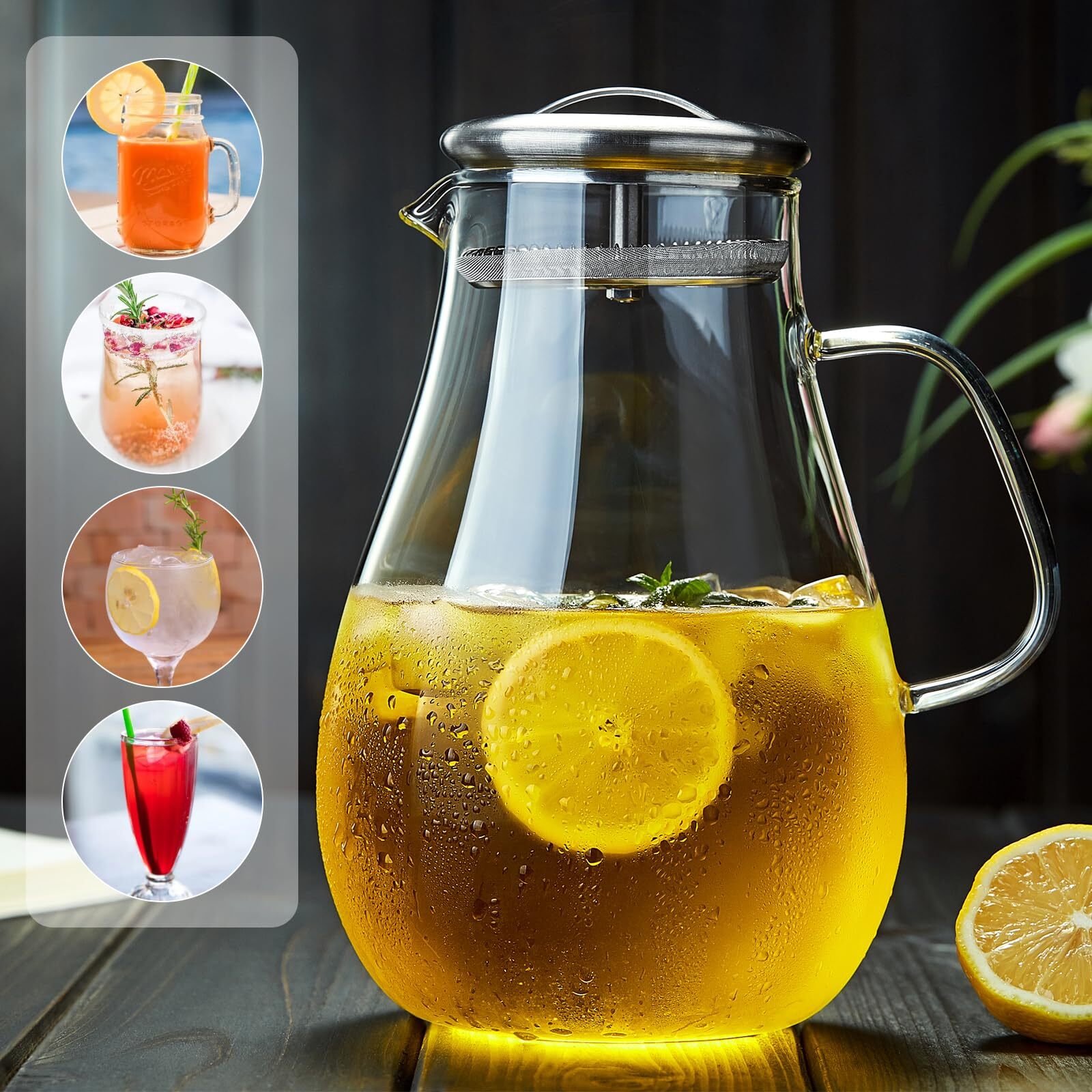 Glass Pitchers with Handle and Lid Removable Double Stainless Steel ...