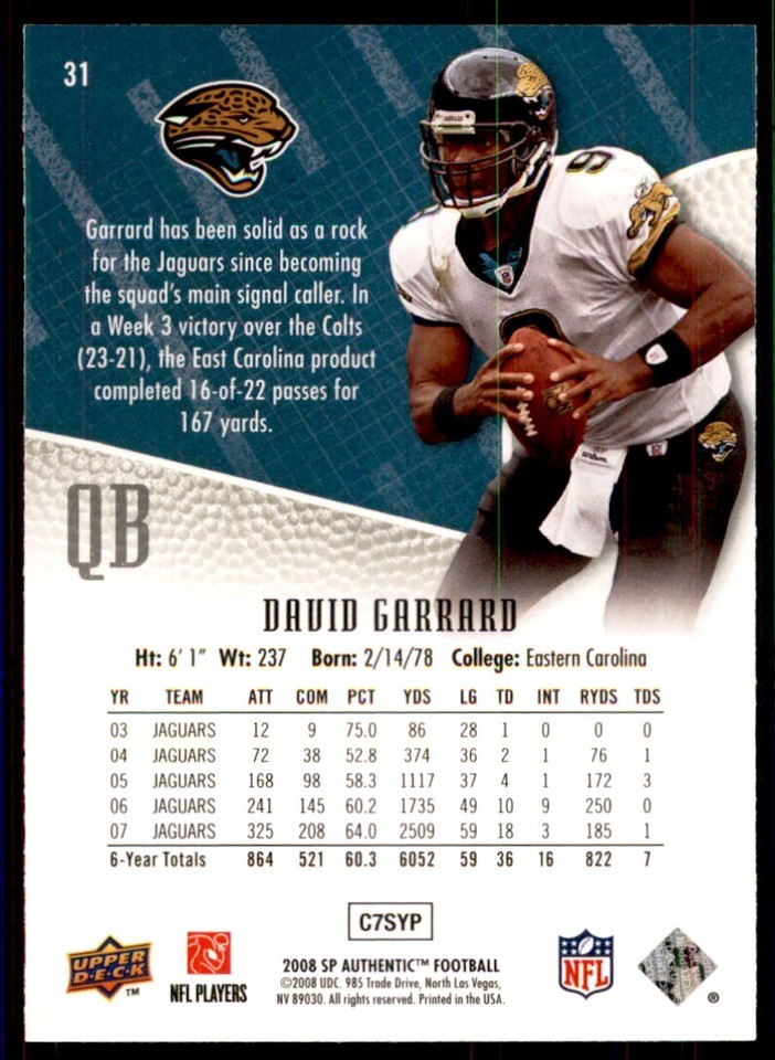 2008 SP Authentic Football Card David Garrard Jacksonville Jaguars #31 ...